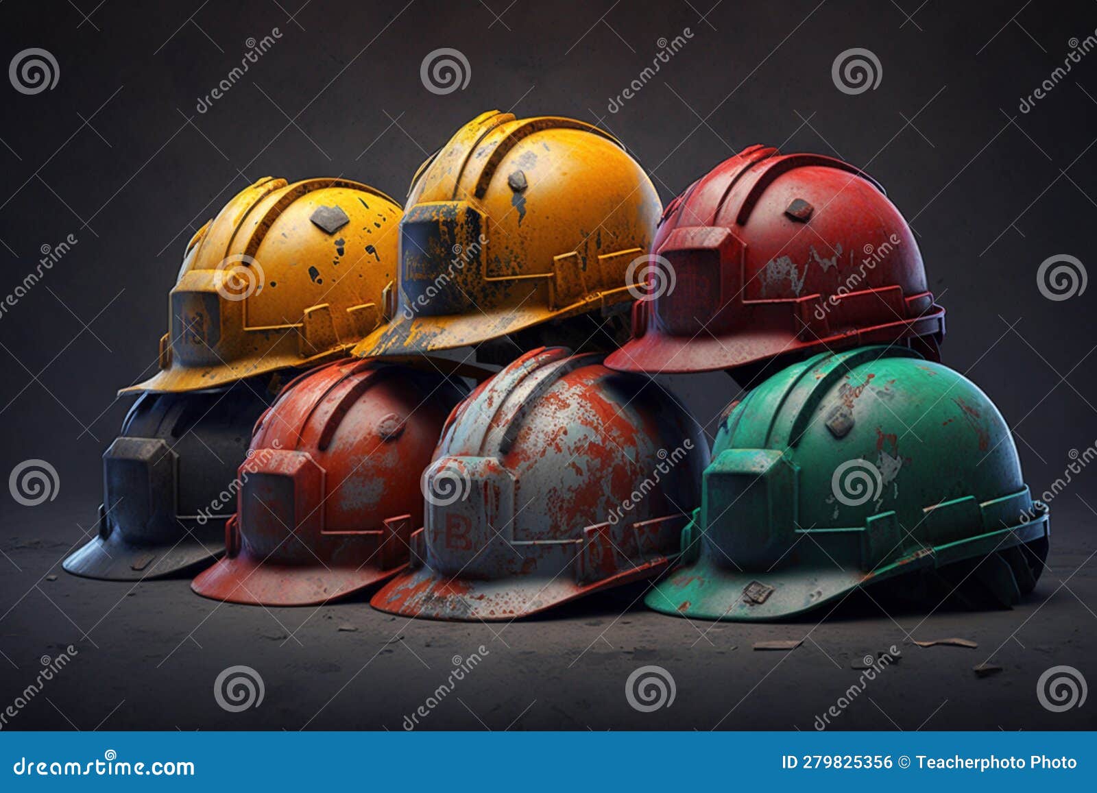 Old and Worn Colorful Construction Helmets. Generative AI Stock ...