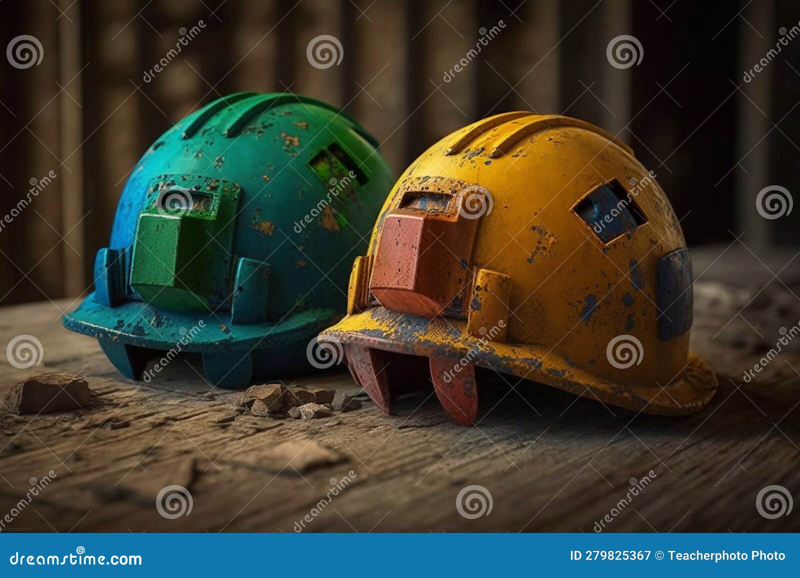 Old and Worn Colorful Construction Helmets. Generative AI Stock ...