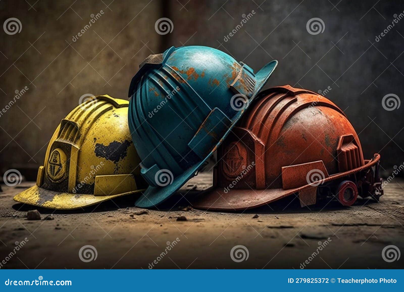 Old and Worn Colorful Construction Helmets. Generative AI Stock ...