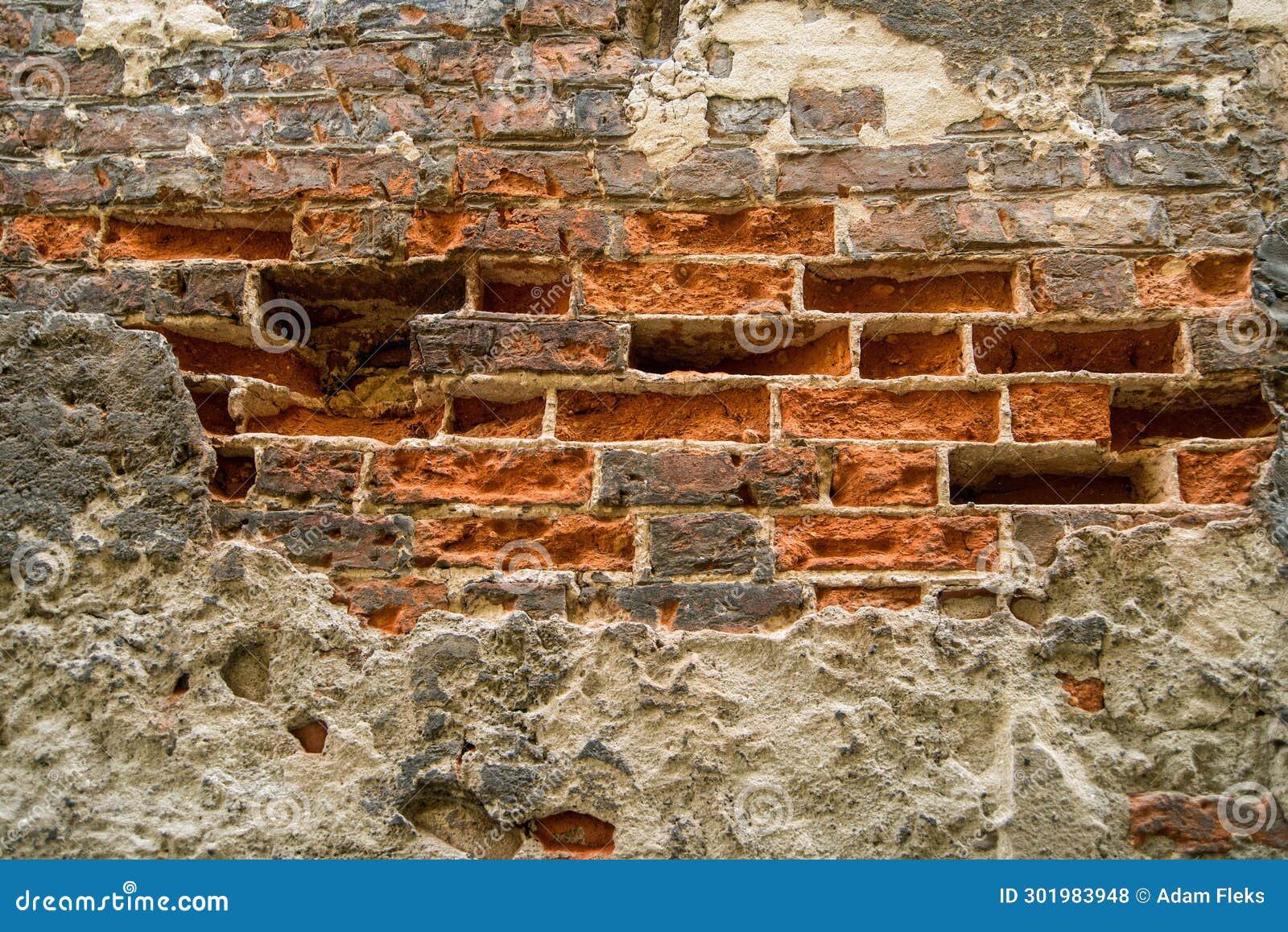 Old Red Brick Wall with Crumbled Bricks, Cracked Concrete, Erosion Big ...