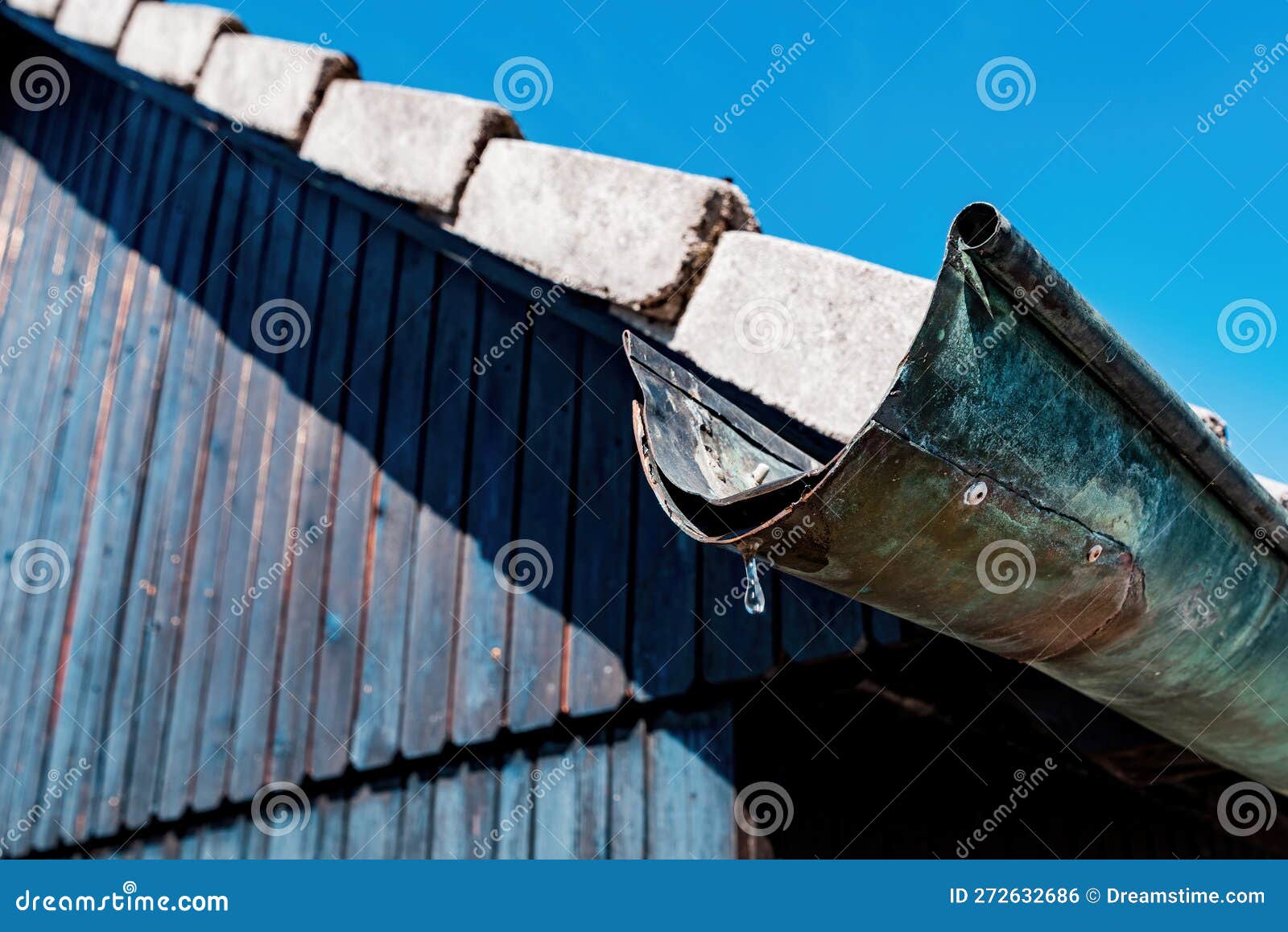 Old Worn House Rain Gutter with Water Drop Stock Photo - Image of ...