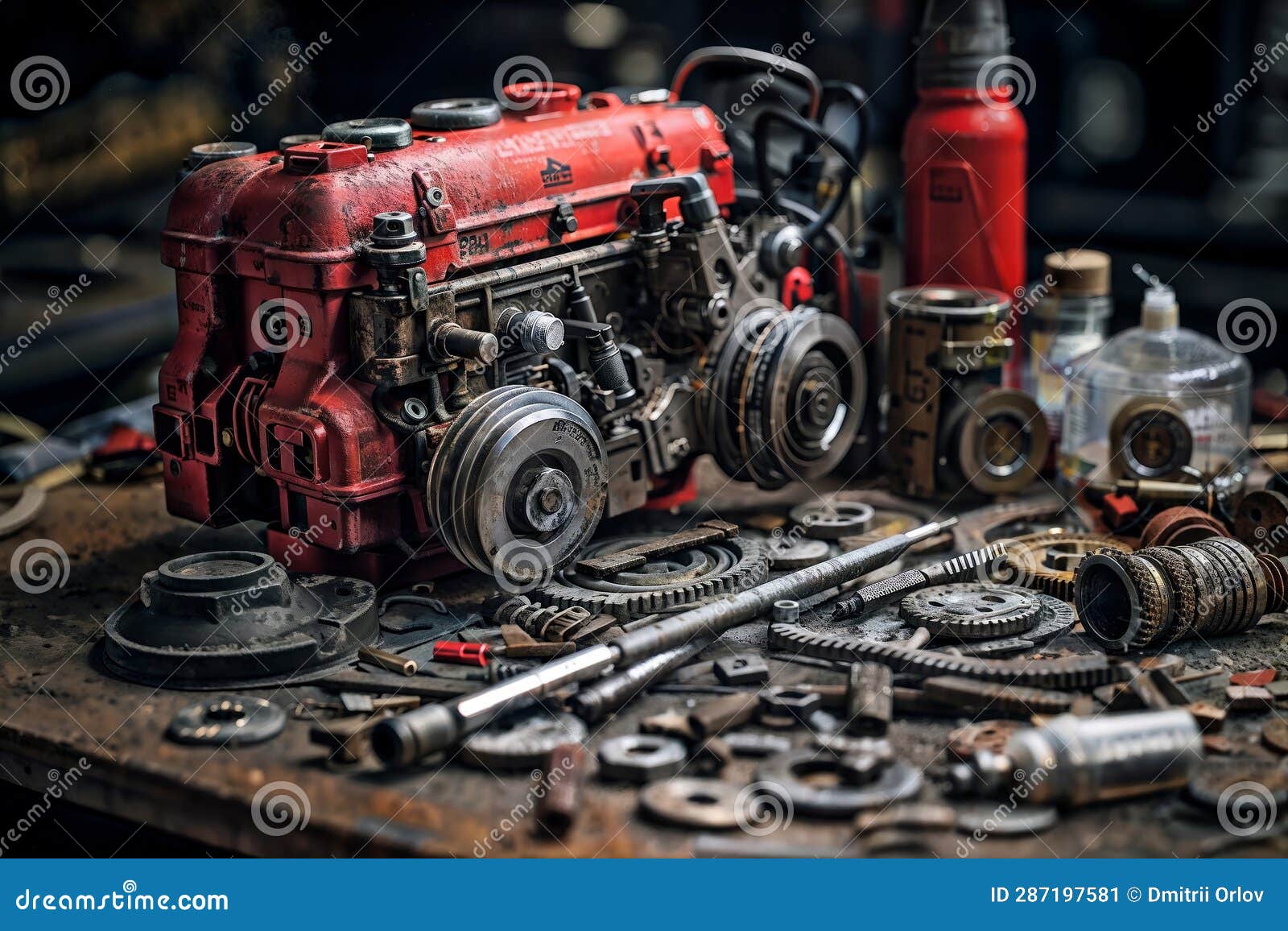 Oily engine in a workshop stock illustration. Illustration of steel ...