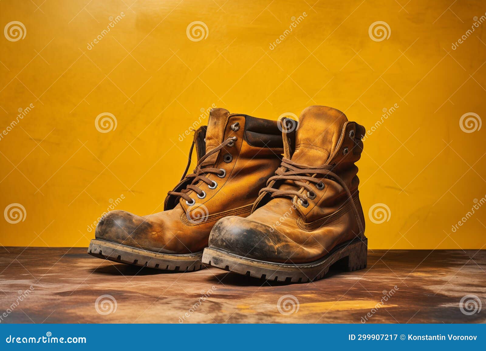 Old Worn Rugged Leather Work Boots on Orange Backdrop Stock Image ...