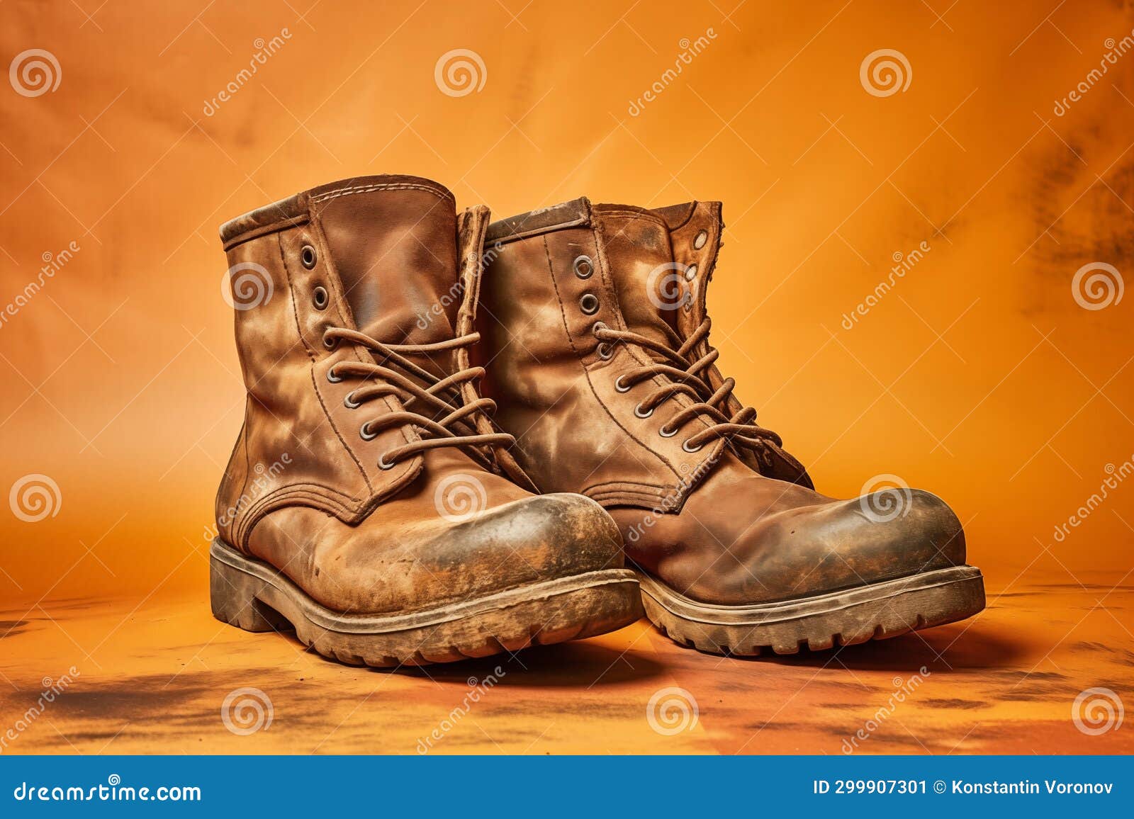 Old Worn Rugged Leather Work Boots on Orange Backdrop Stock Image ...