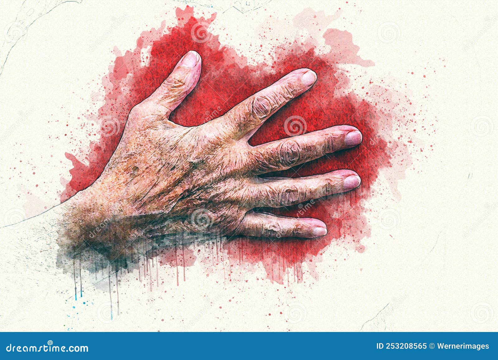 Old Wrinkled Hand on Red in Watercolor Style Stock Image - Image of ...