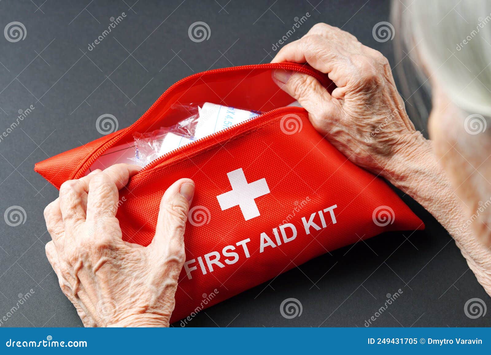 Old Wrinkled Hands Open First Aid Kit Stock Image - Image of elderly ...