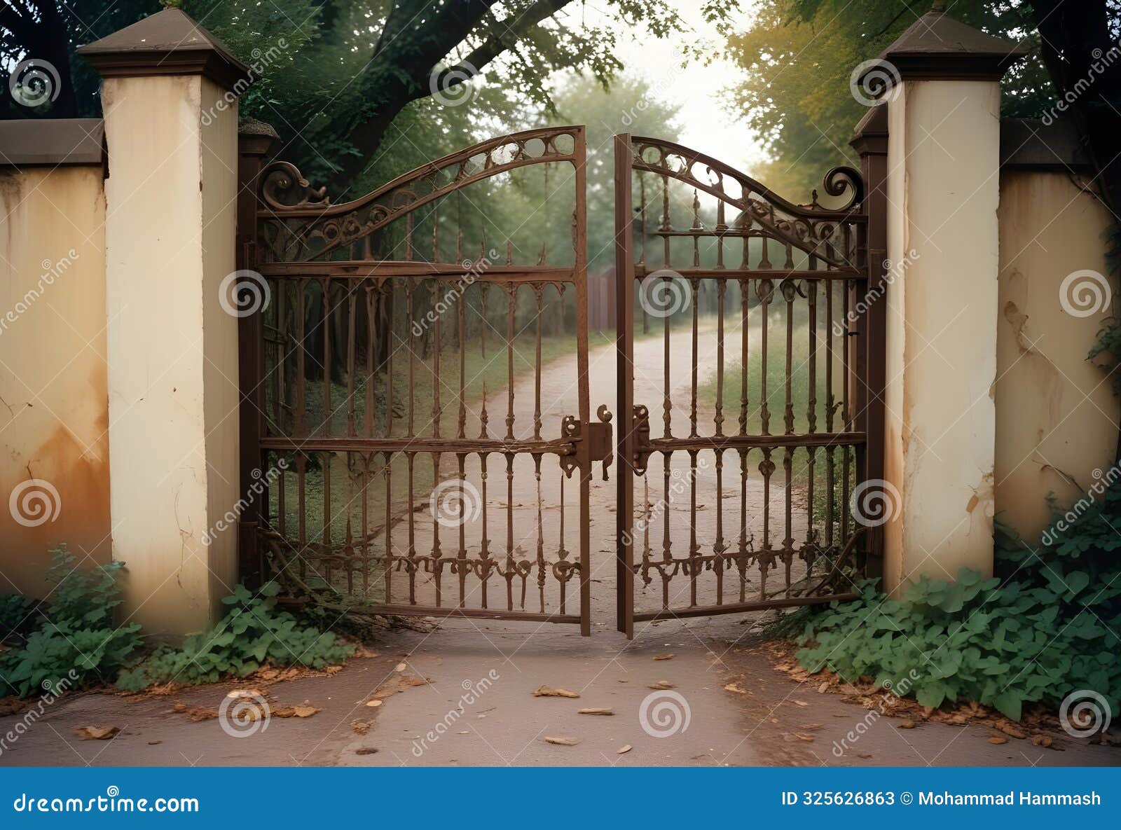 Old Wrought Iron Gate Open To a Path in the Woods Stock Image - Image ...