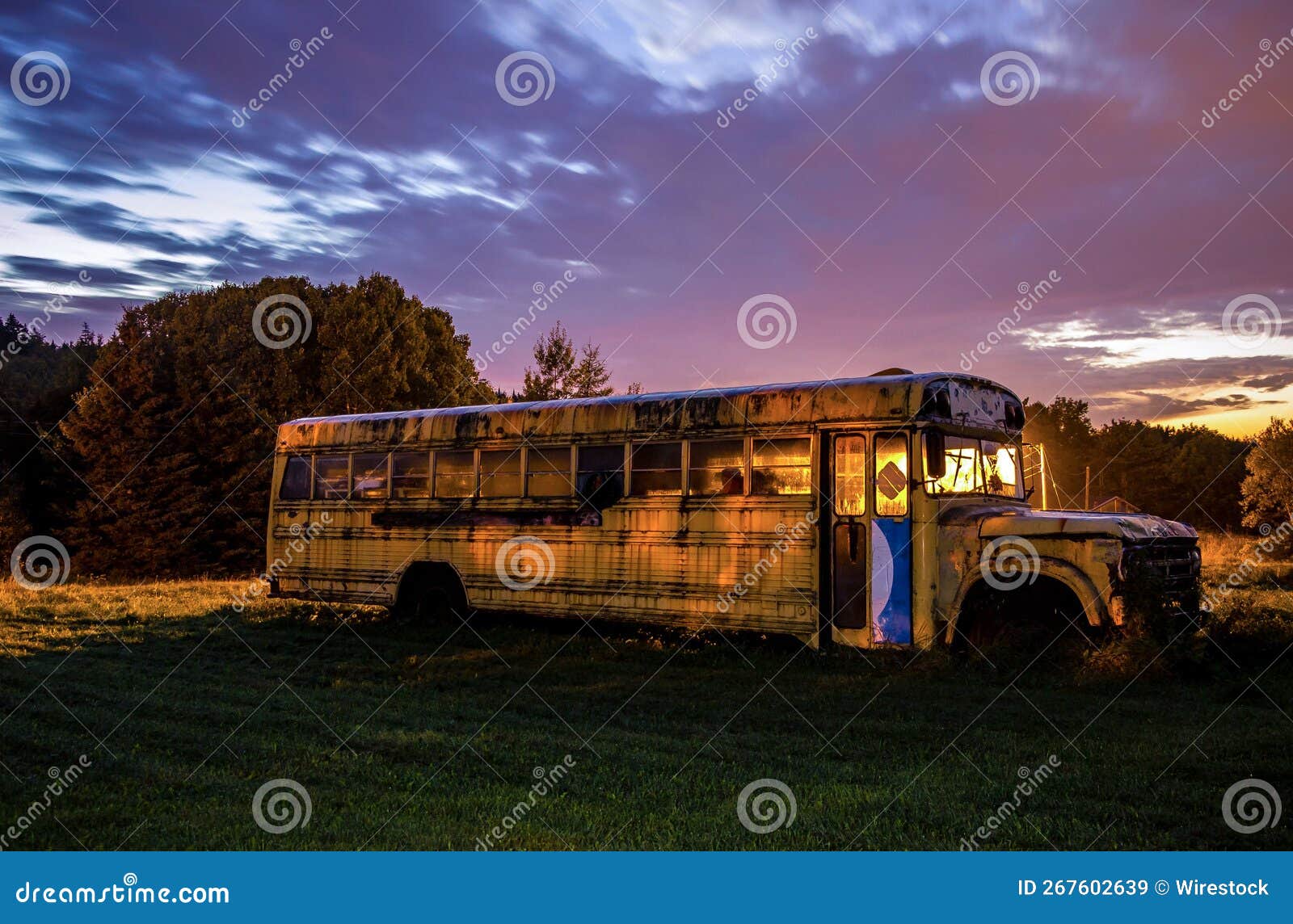 Old Yellow Bus Under the Pink Sunset Sky. Stock Image - Image of ...