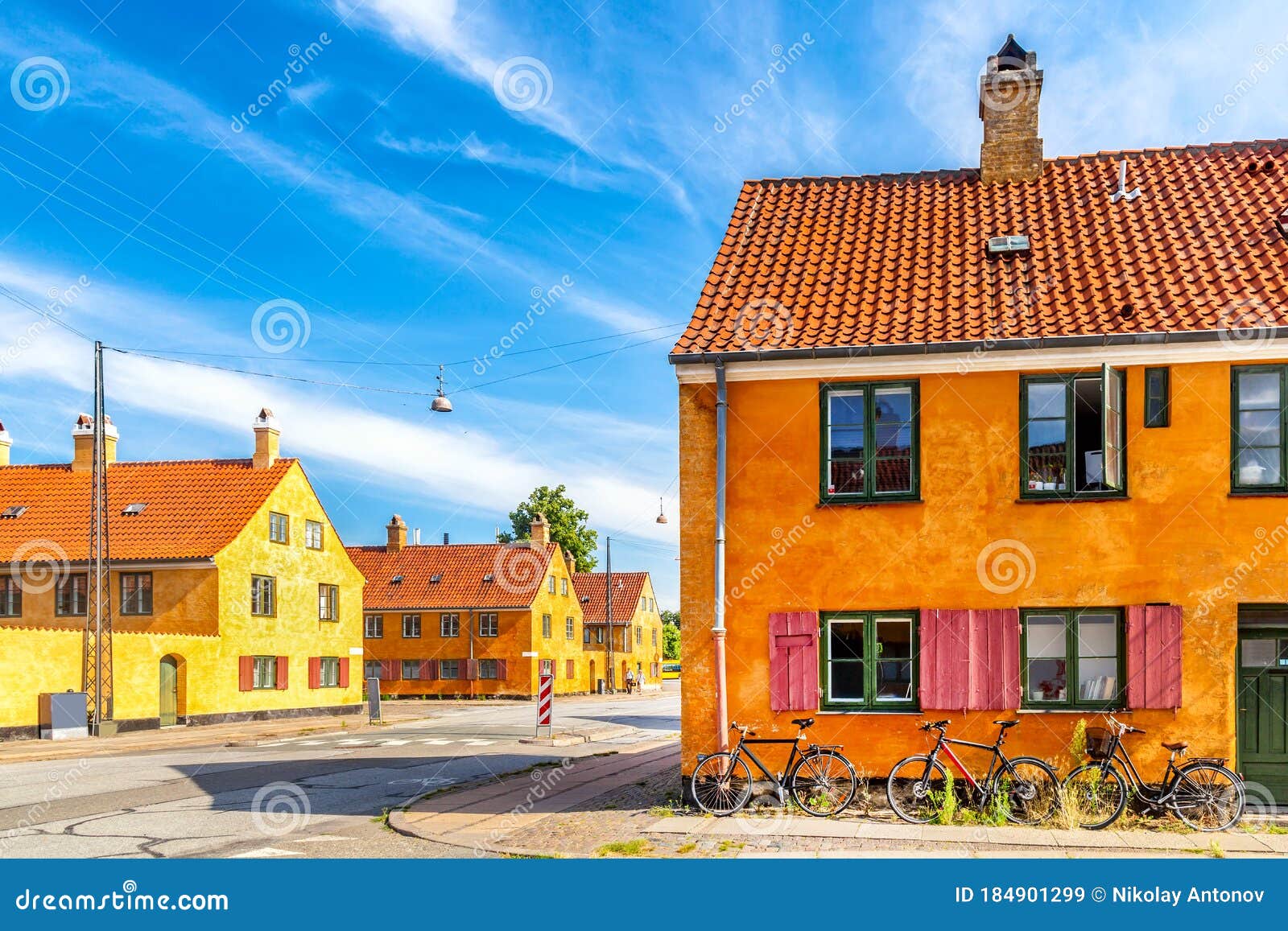 Old Yellow Houses of Nyboder District with Bicycles. Old Medieval ...