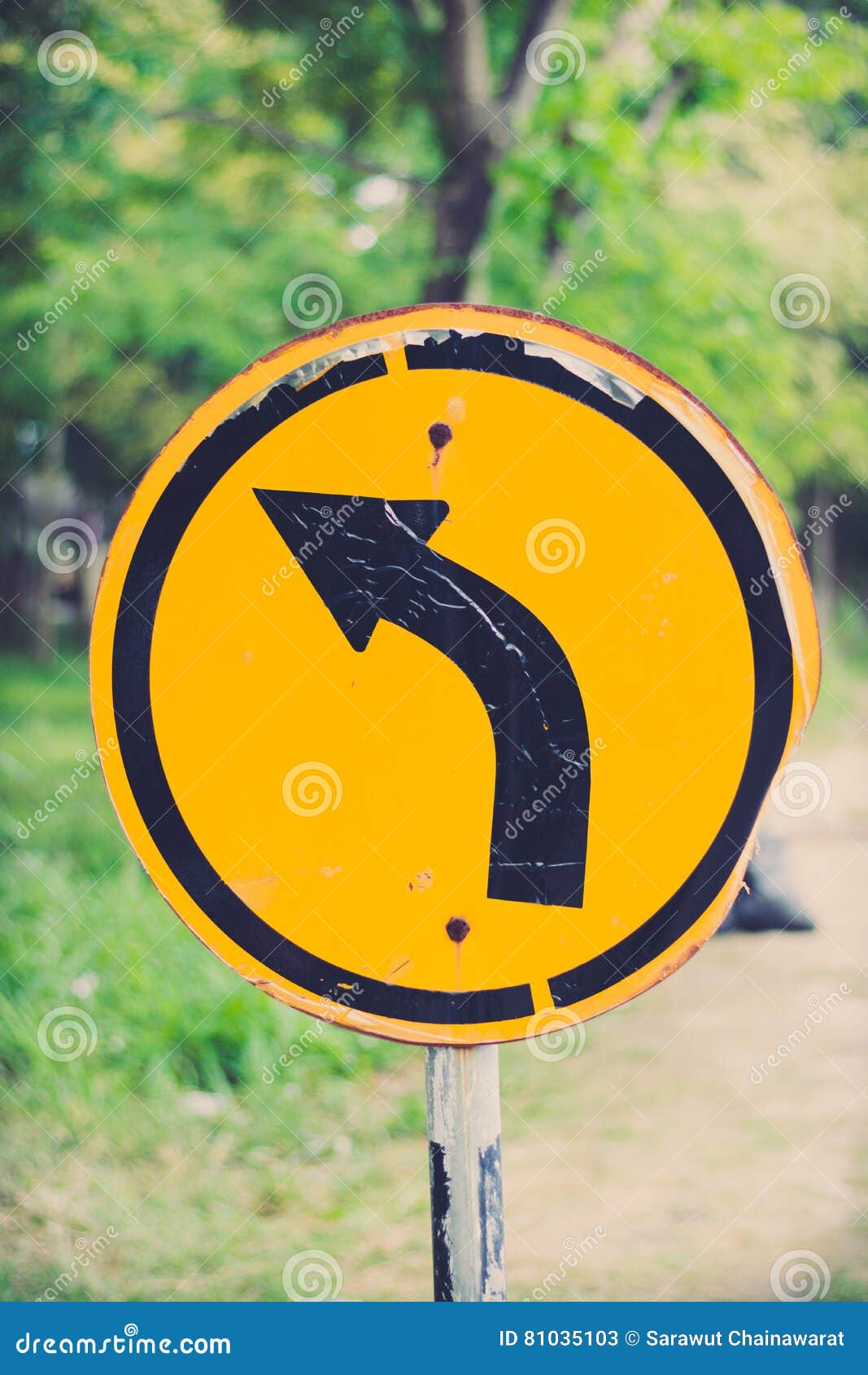 Old Yellow Traffic Sign Symbol Turn Left on the Road. Stock Image ...