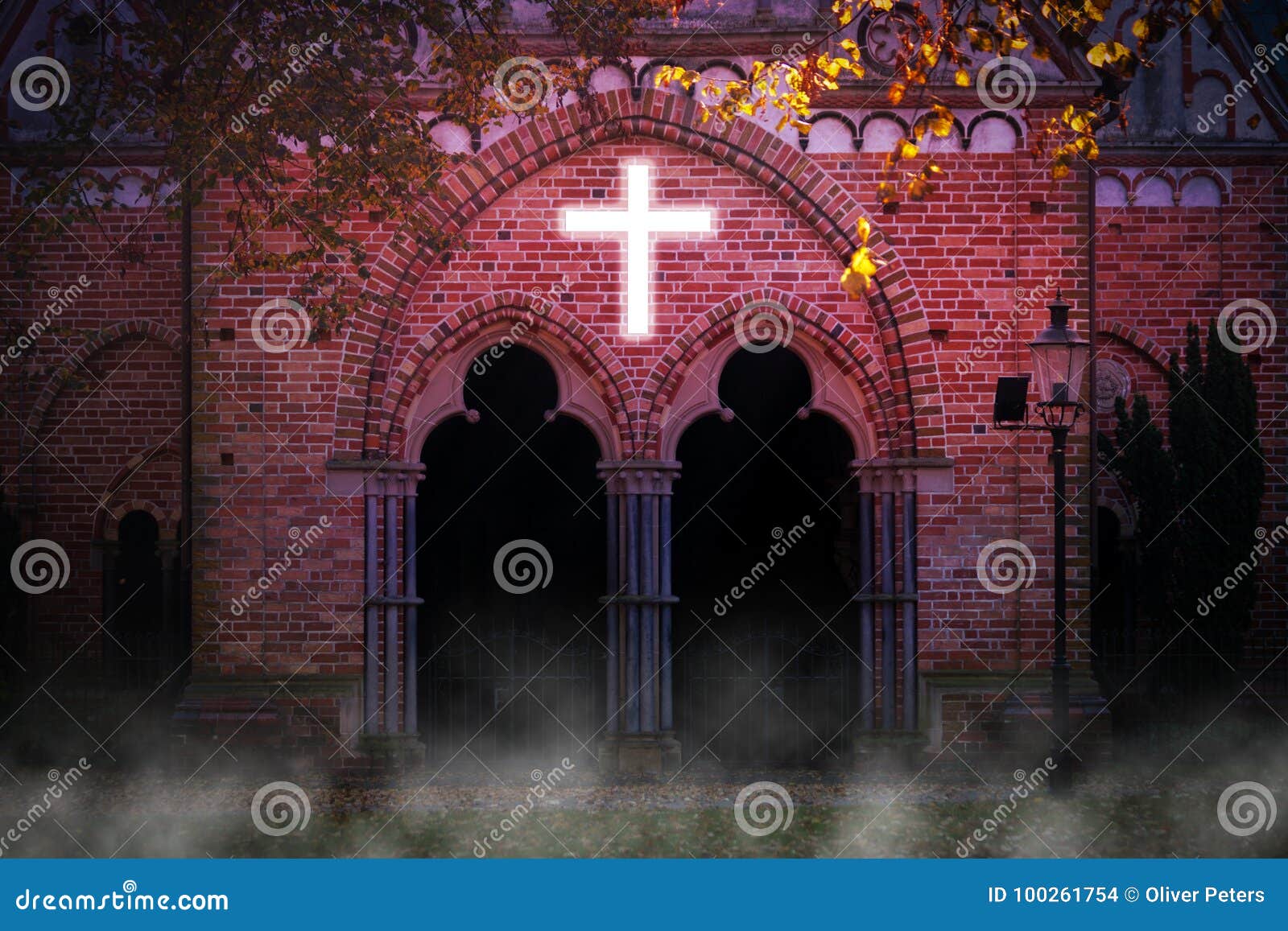 Church with Magic Cross Light Stock Photo - Image of religion, night ...