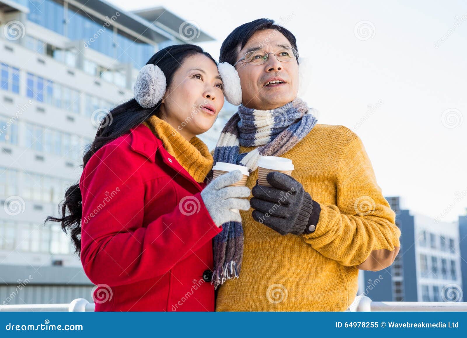 Older Asian Couple with Coffee To Go Stock Image - Image of scarf ...