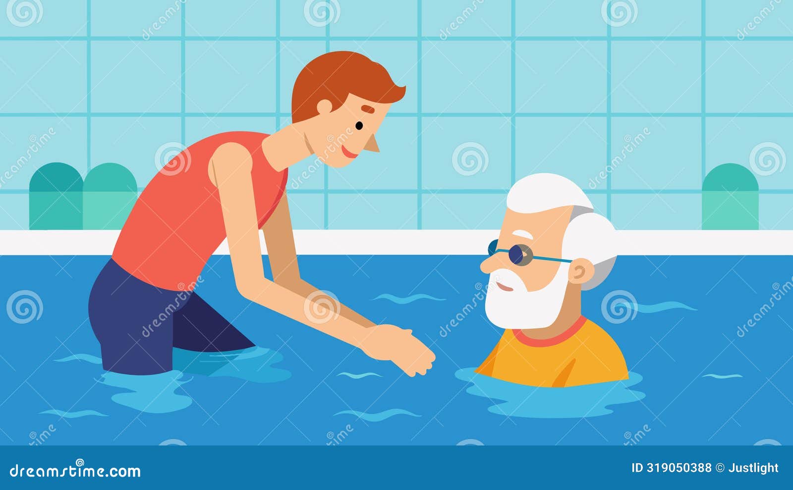 An Older Man Learning Basic Swimming Skills with the Help of His ...