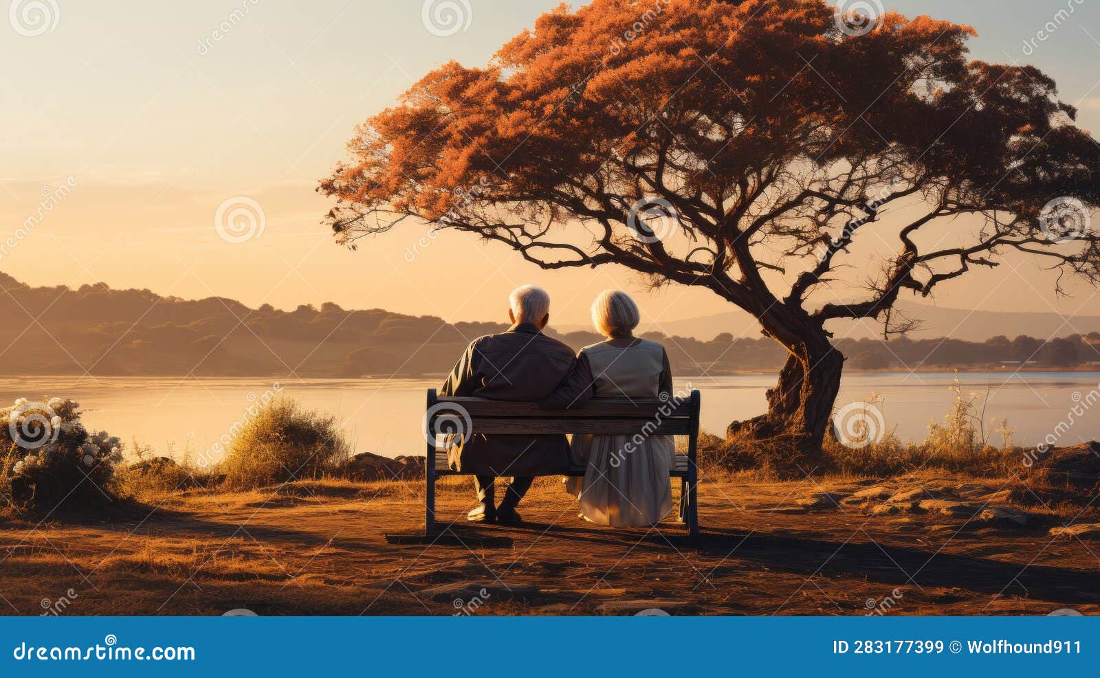 Older Man And A Old Woman Sitting On A Wooden Bench Ai Generated Stock