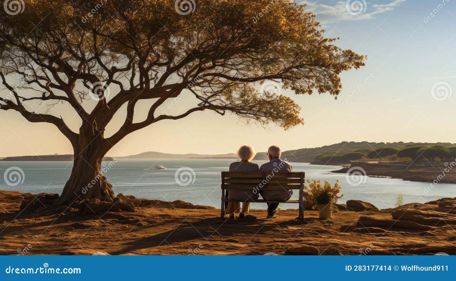 Older Man And A Old Woman Sitting On A Wooden Bench Ai Generated Stock