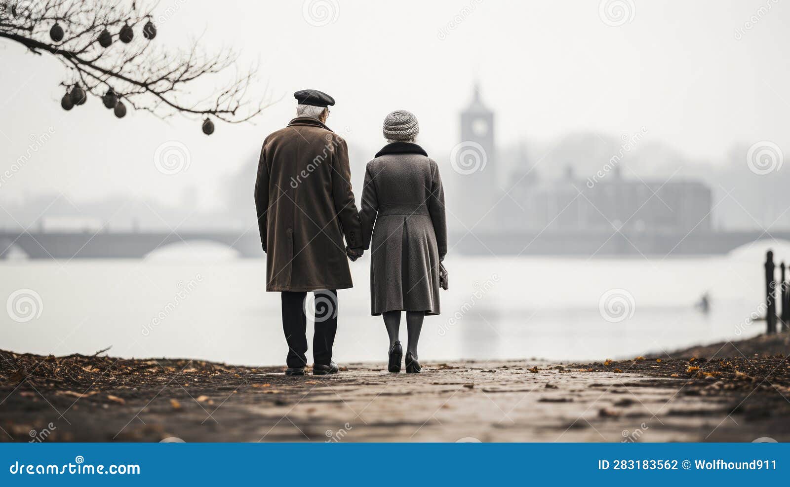 Older Man And A Old Woman Sitting On A Wooden Bench Ai Generated Stock