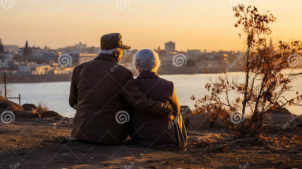 Older Man And A Old Woman Sitting On A Wooden Bench Ai Generated Stock