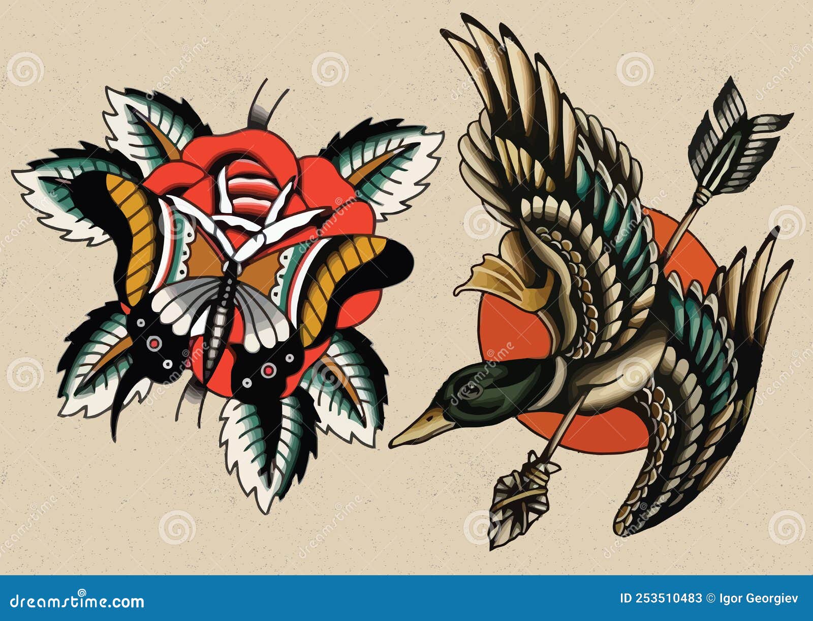 Old Skool Tatoo flash set stock vector. Illustration of duck - 253510483