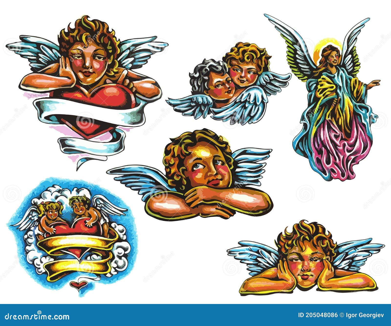 Angels Oldskool Tattoo Set. Set of Labels and Elements. Vector Set ...