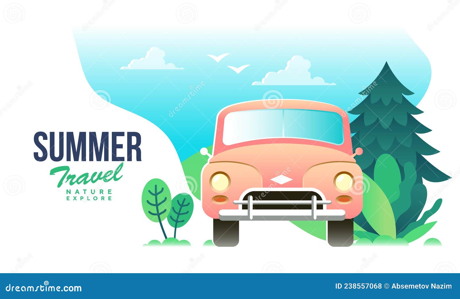 Oldtimer Mit Wald Und Himmel. Sommerreise Vektor Abbildung - Illustration von hintergrund, sonne ...