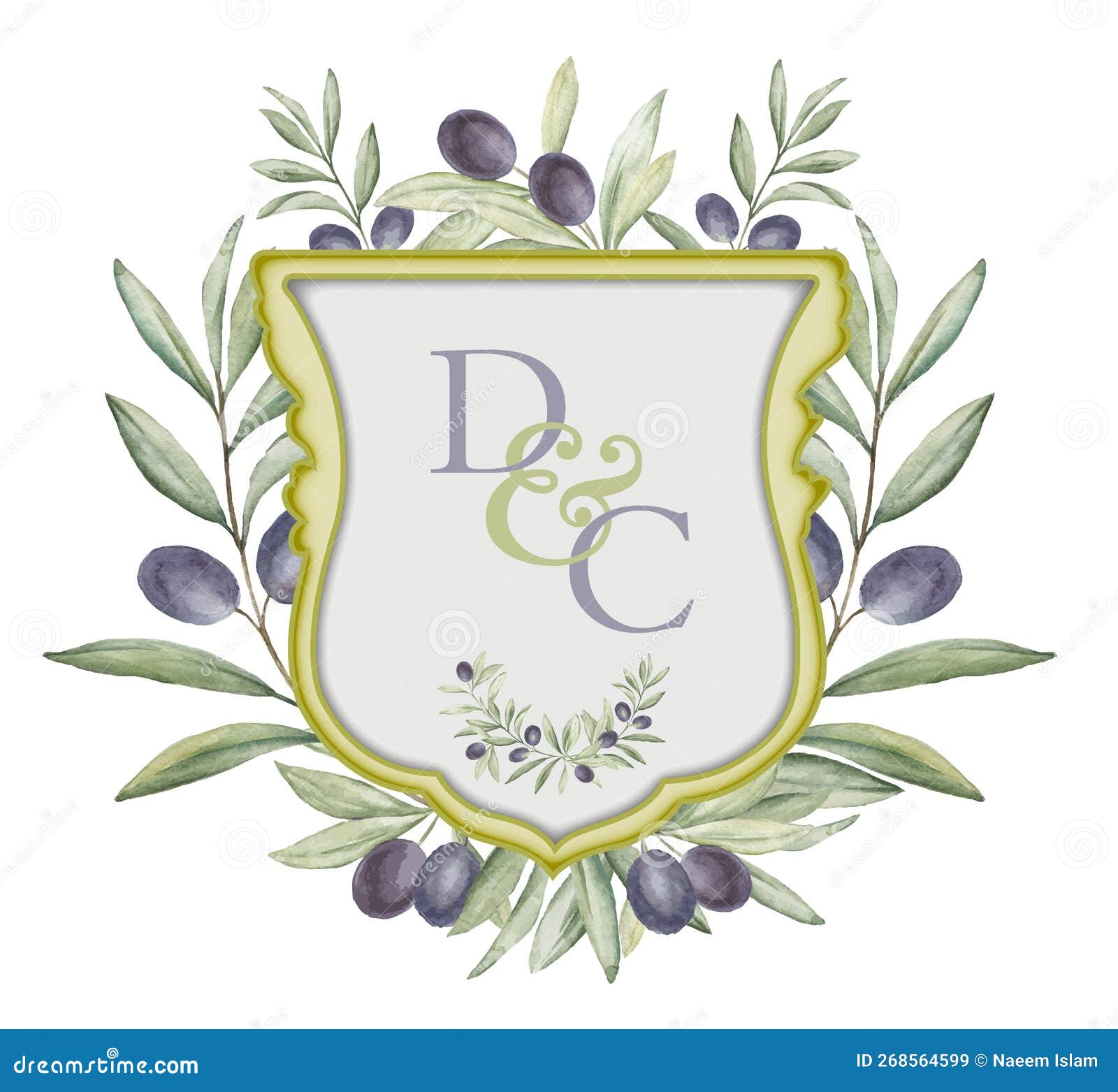 Olive Wreath Monogram Crest. DC Initial Watercolor Olive Monogram Crest ...