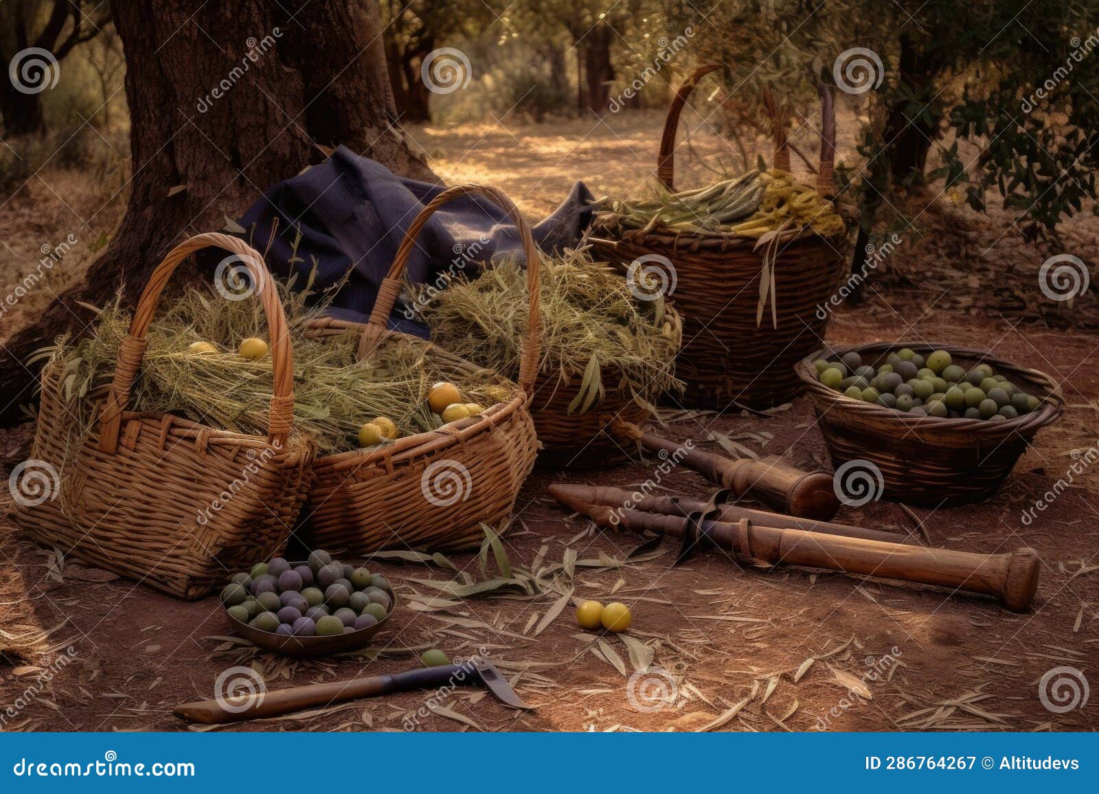 Olive Harvesting Tools and Baskets on Ground Stock Image - Image of ...