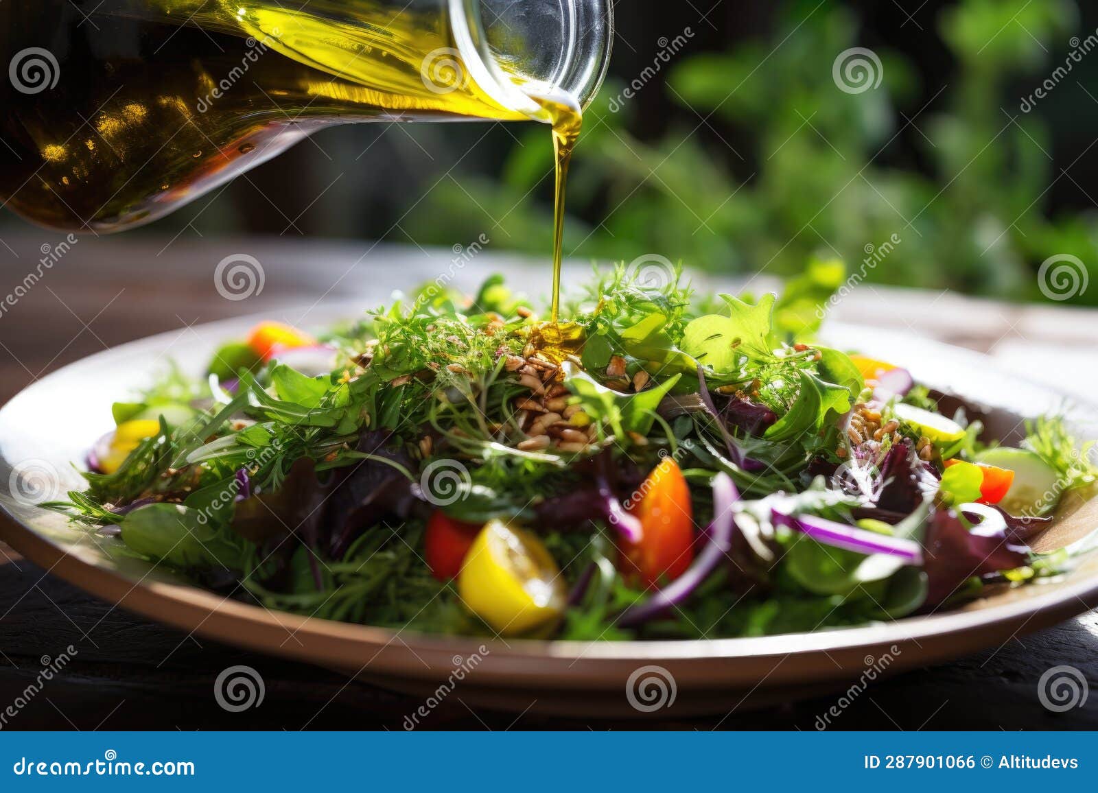 Olive Oil Drizzling Over a Mixed Salad Stock Photo - Image of culinary ...
