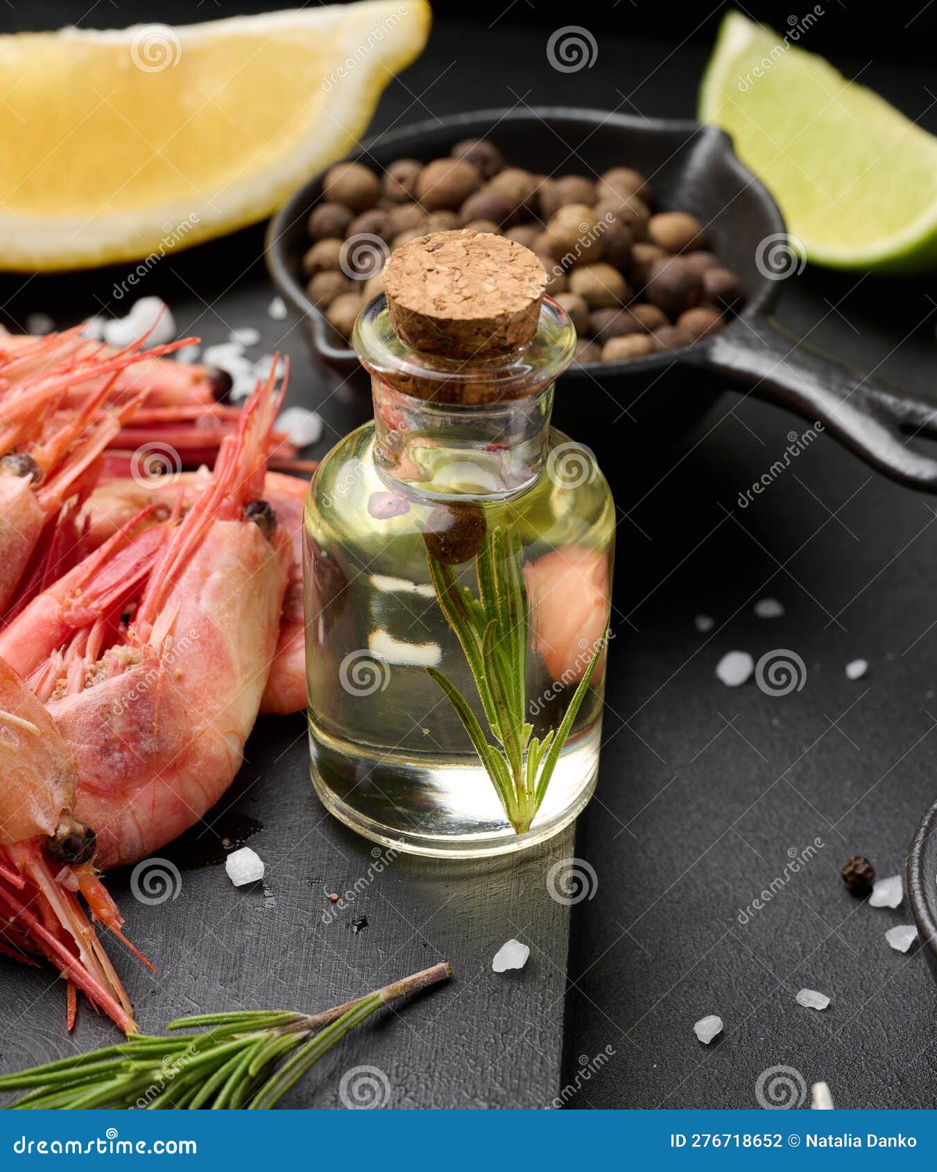 Olive Oil in a Glass Bottle and Boiled Shrimp Stock Photo - Image of ...