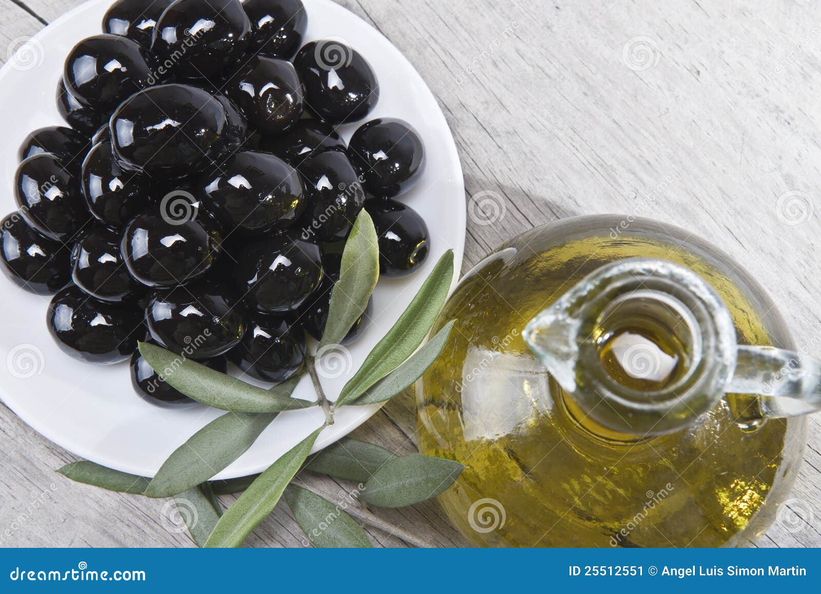 Olive Oil and a Plate with Black Olives. Stock Image - Image of leaves ...