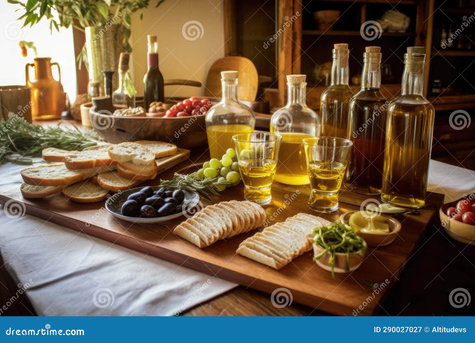 Olive Oil Tasting Setup with Various Samples and Bread Stock Image ...