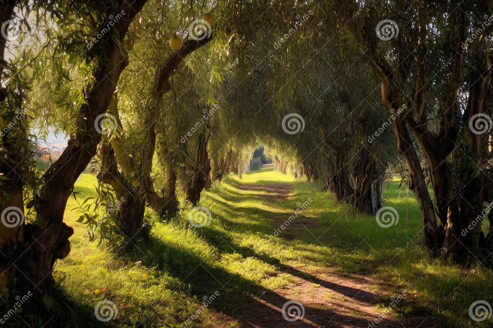 Olive Tree Lined Path in the Orchard Stock Photo - Image of tree ...