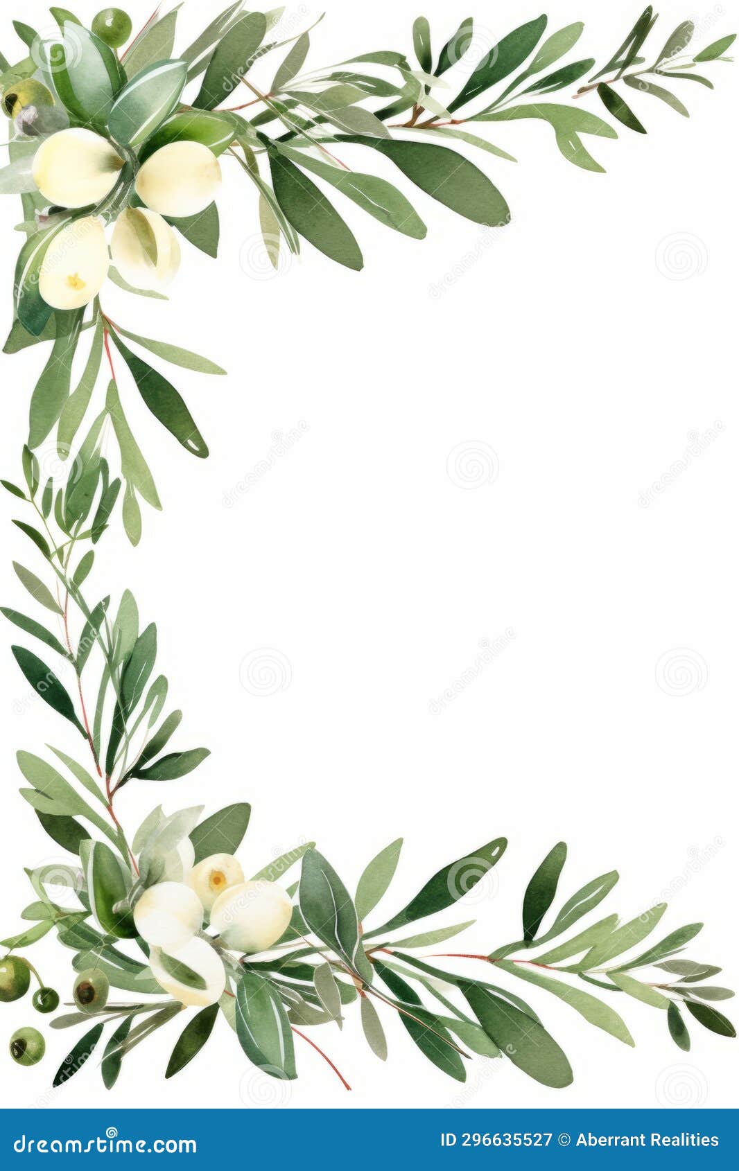 An Olive Wreath with Green Leaves and Flowers on a White Background ...