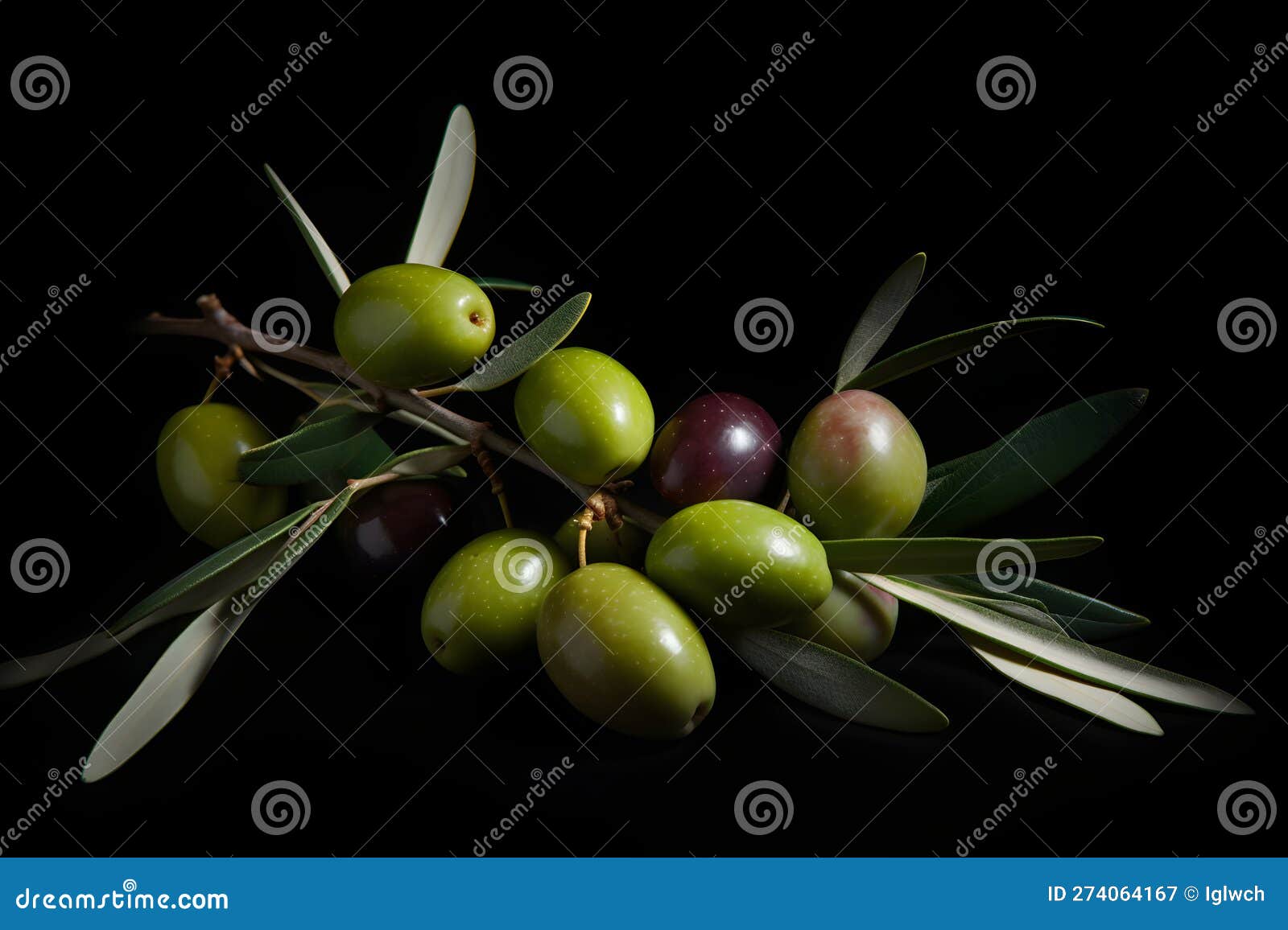 Olives on the Olive Branch on a Black Background, Generative AI. Stock ...