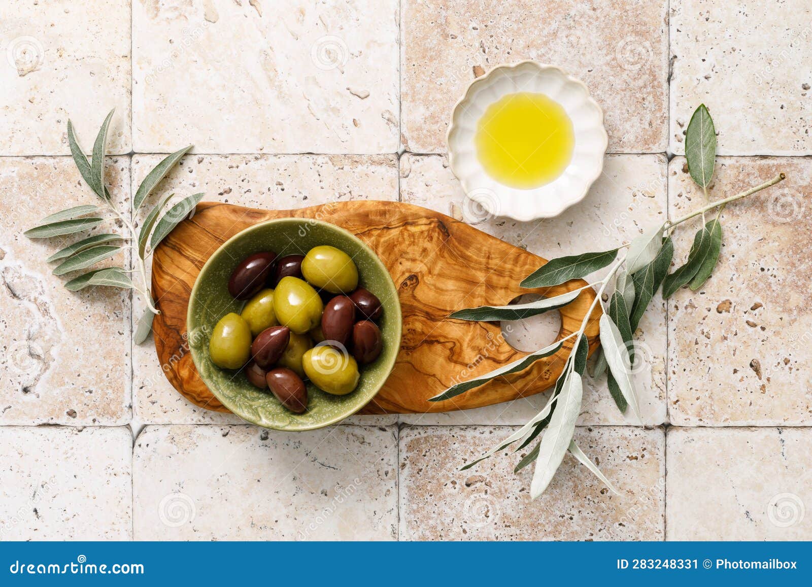 Olives and Olive Oil, Top View Stock Image - Image of closeup, food ...