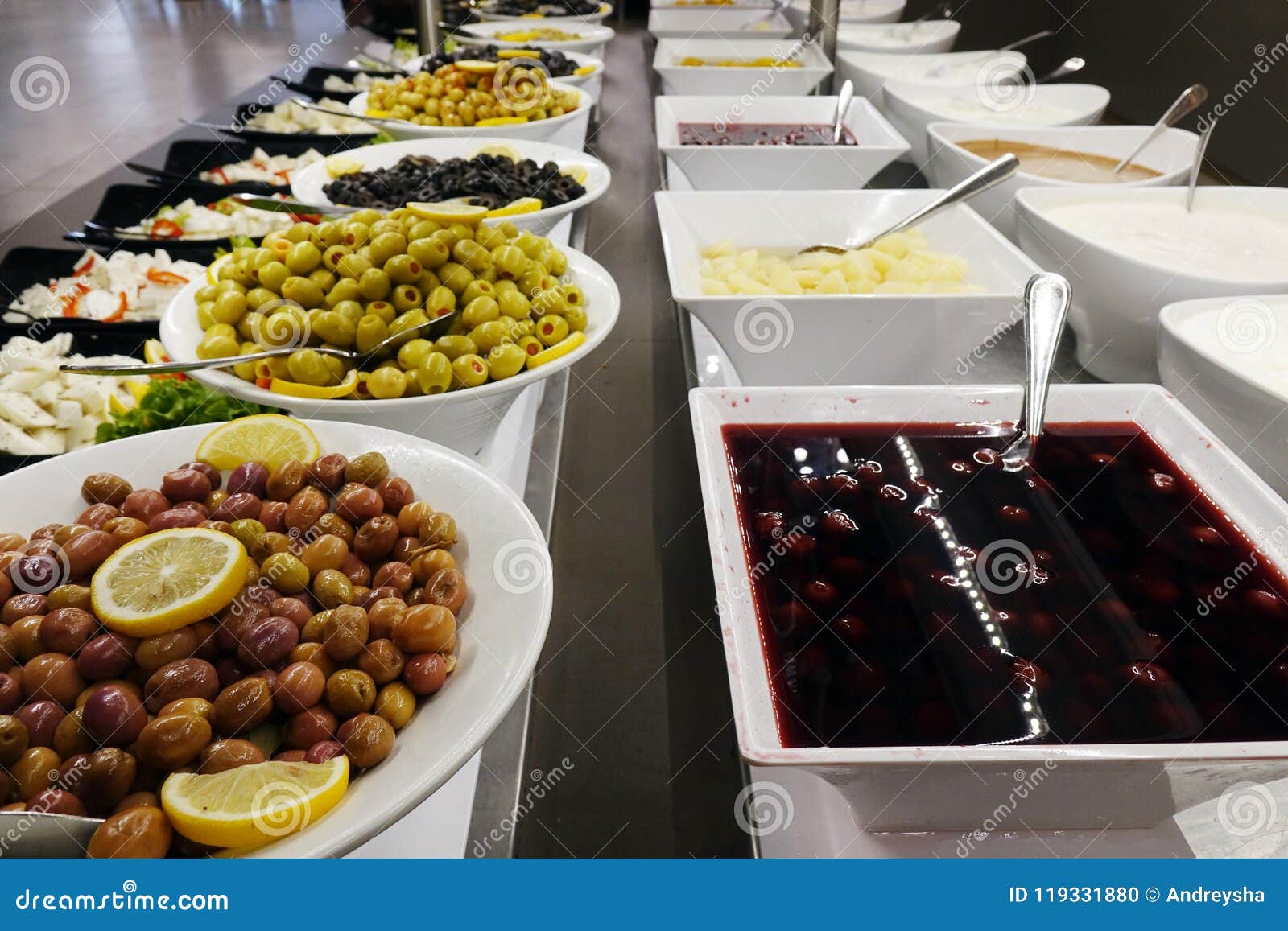 Olives and Sauces on the Buffet. Stock Photo - Image of container ...