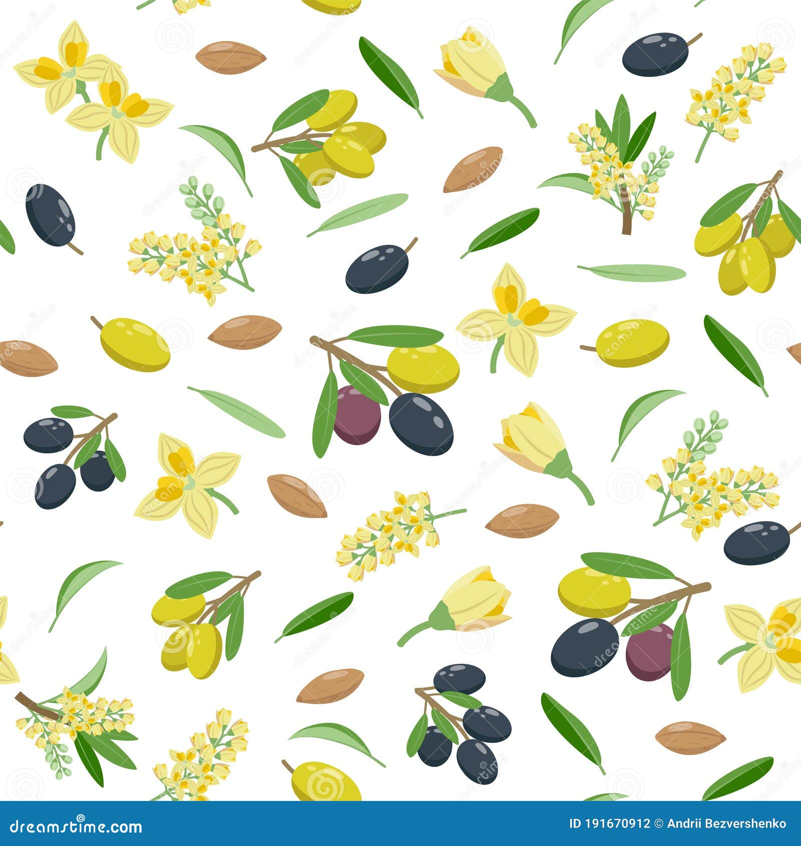 Olives Seamless Pattern in Flat Design, Set of Vector Illustrations ... Olives Seamless Pattern in Flat Design, Set of Vector Illustrations ...