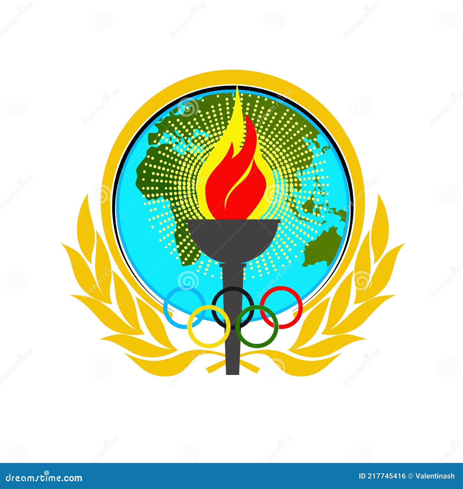 Olympic Emblem with Olympic Fire, Rings, Globe and Laurel Wreath Stock ...