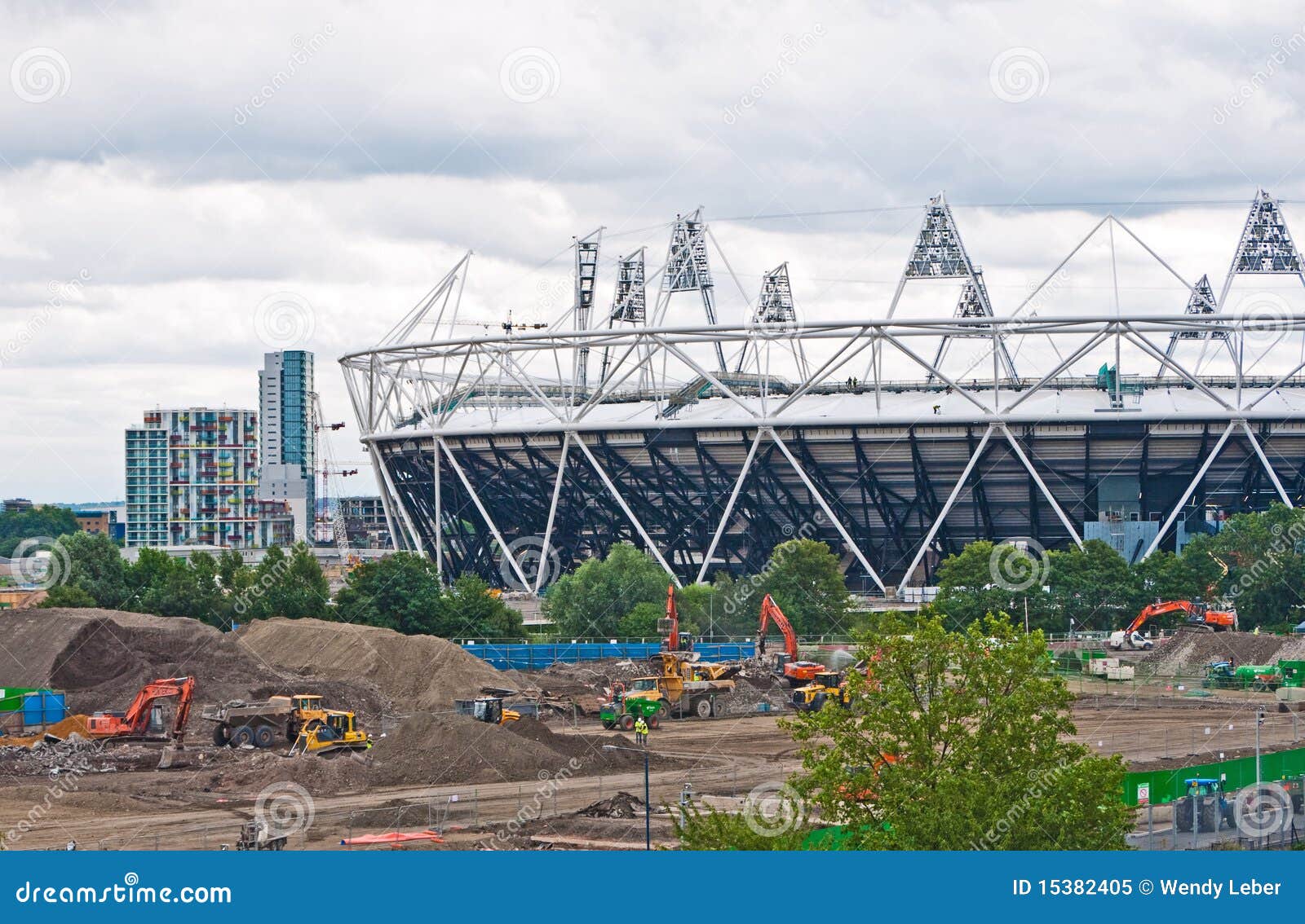 Stadium Construction. Construction Equipment And Workers On The ...