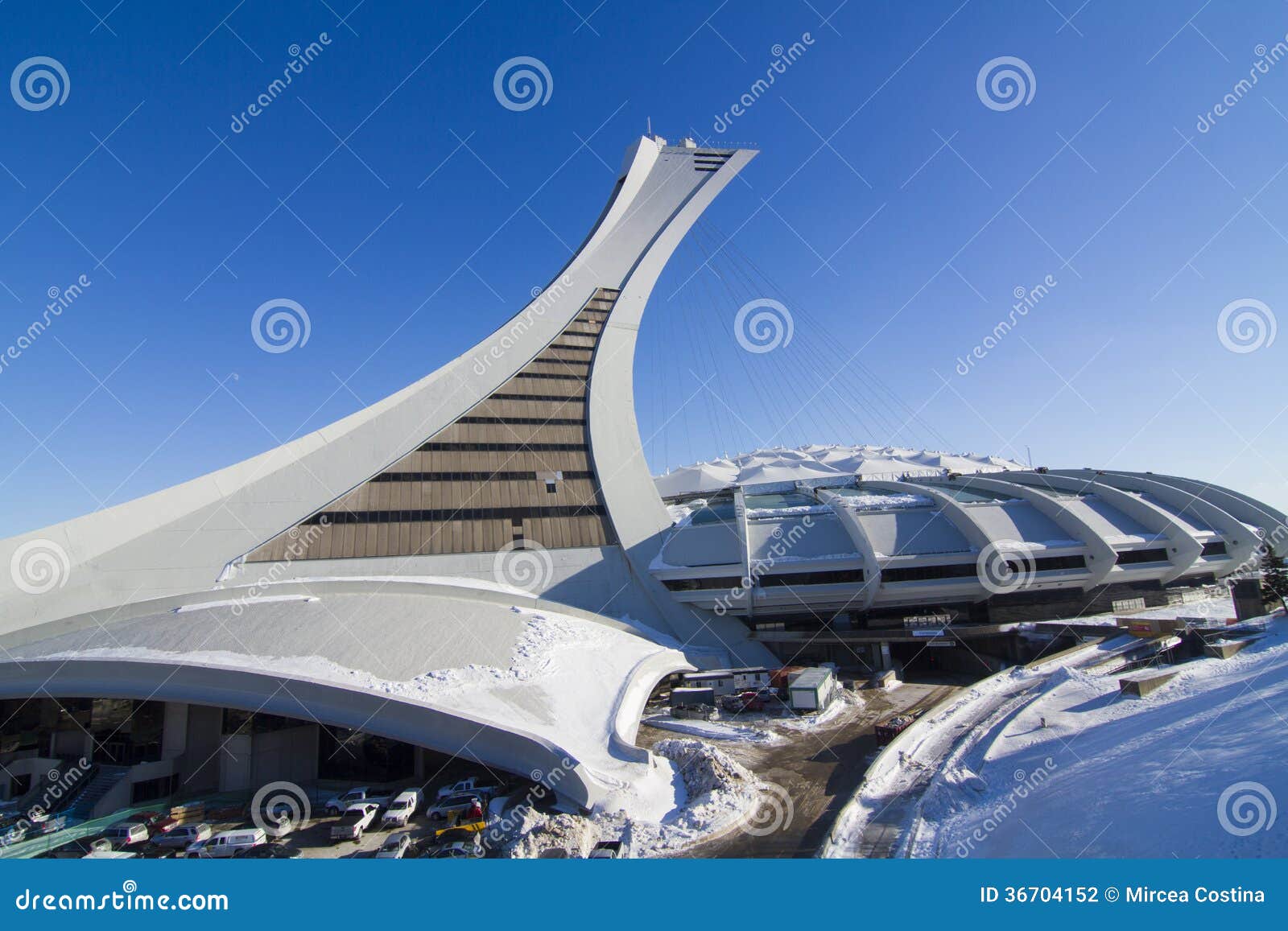 Olympic Stadium in winter stock photo. Image of tower - 36704152