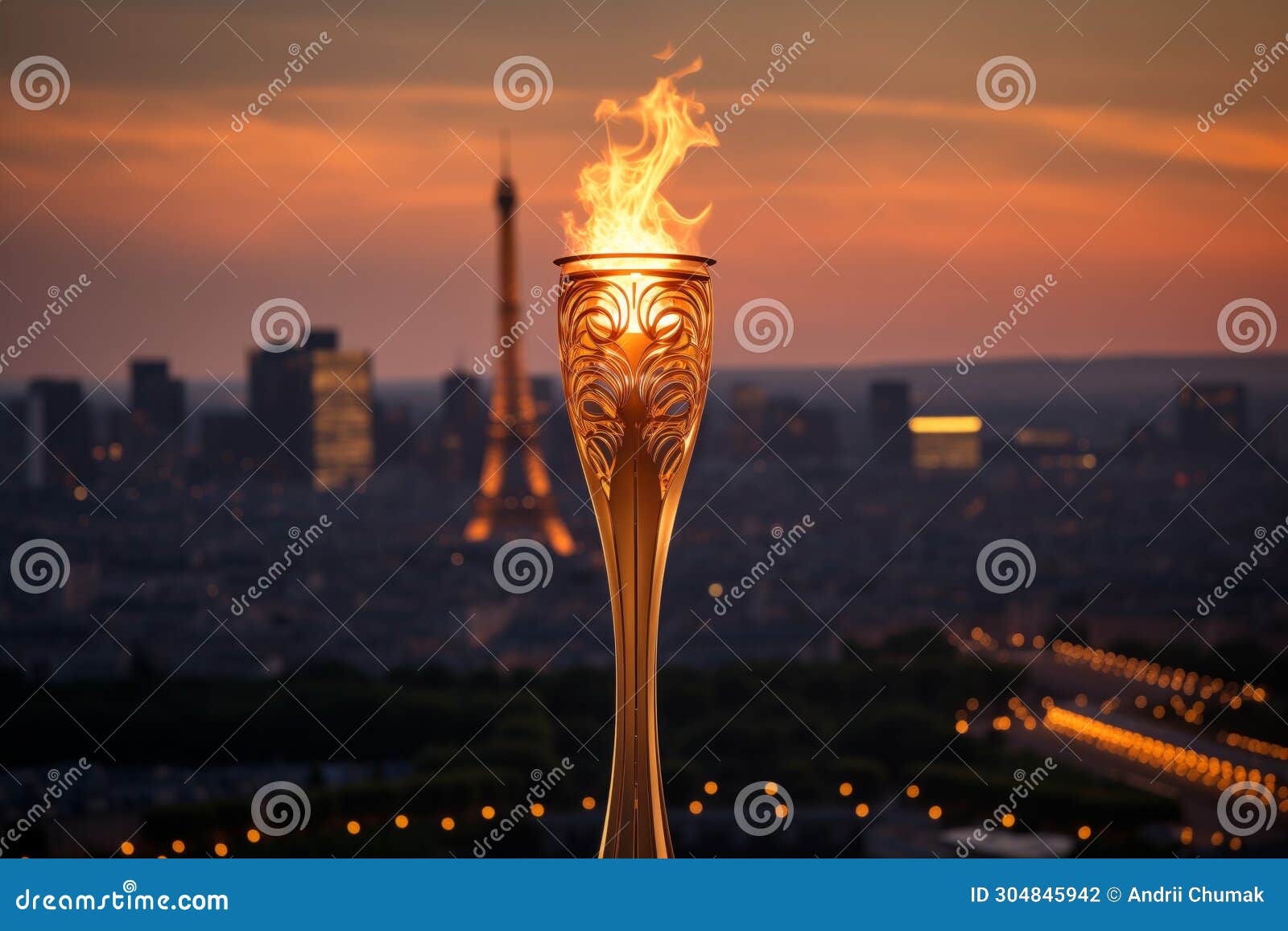 The Olympic Torch with Flame in Front of the Eiffel Tower. Symbol of ...