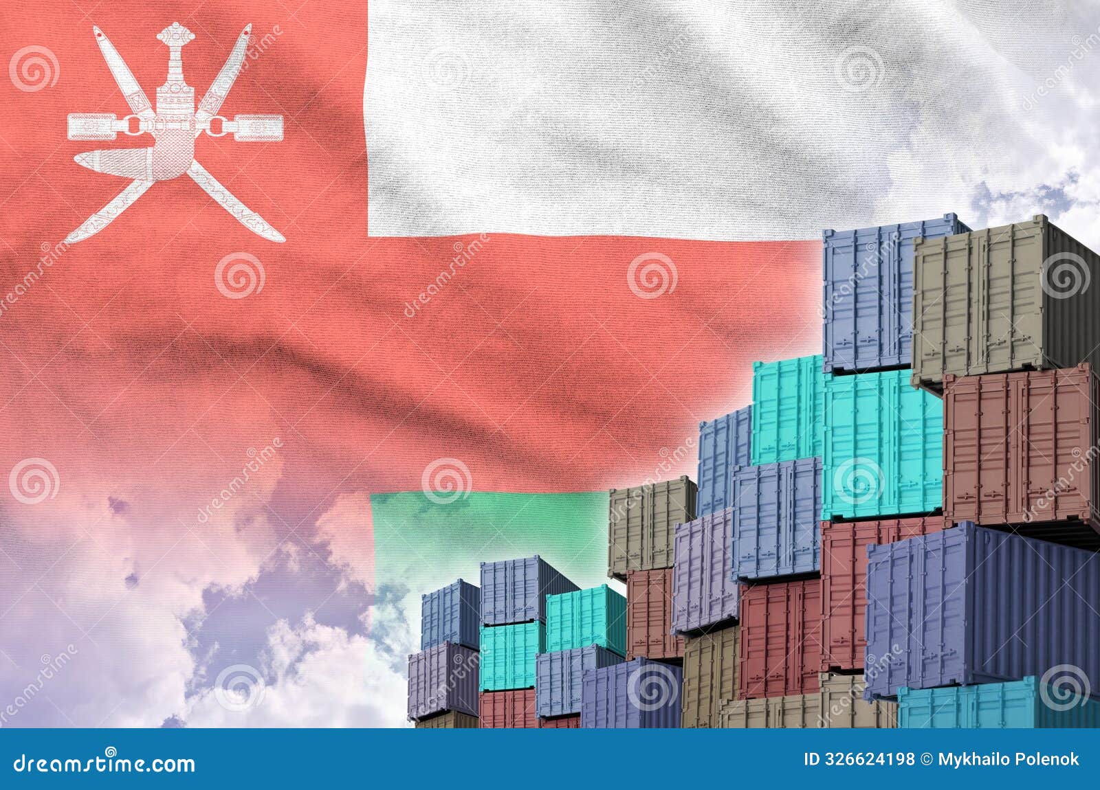 Oman Flag and Big Stack of Shipping Cargo Containers in Docks with Sky ...