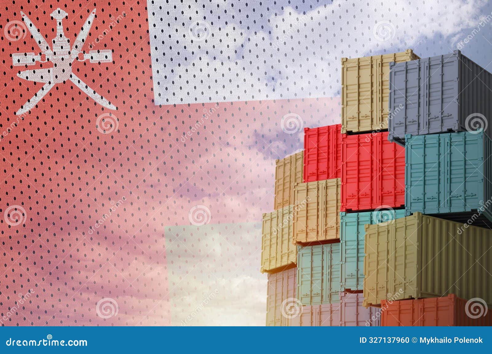 Oman Flag and Big Stack of Shipping Cargo Containers in Docks with Sky ...