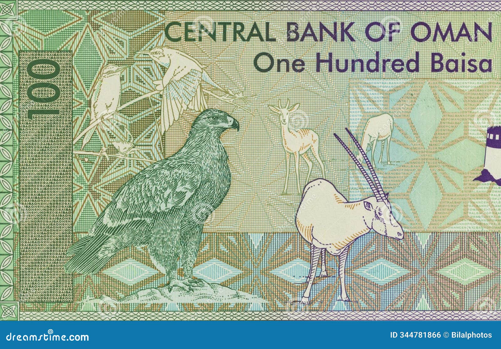 100 Baisa Banknote, Issued On 1995, Bank Of Oman. Fragment: Arabian ...