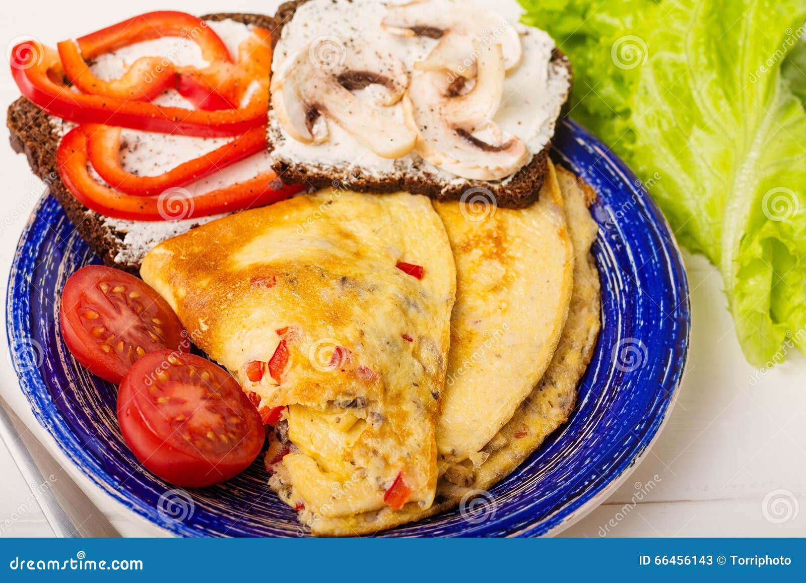 Omelet in a blue plate stock image. Image of dinner, cooked - 66456143
