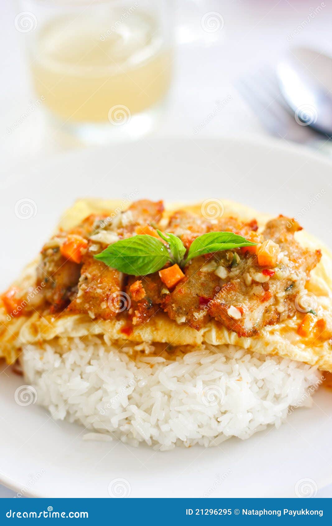 Omelet with Fire Chicken and Cooked Rice Stock Image - Image of bowl ...