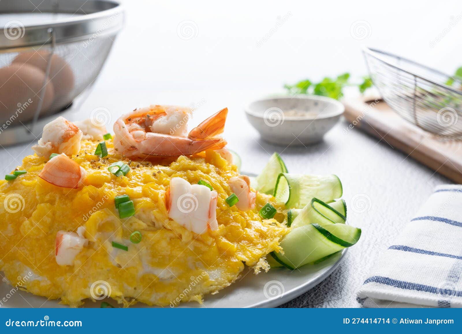 Omelet and Shrimp on Rice with Cucumber in Gray Dish on Concrete Table ...