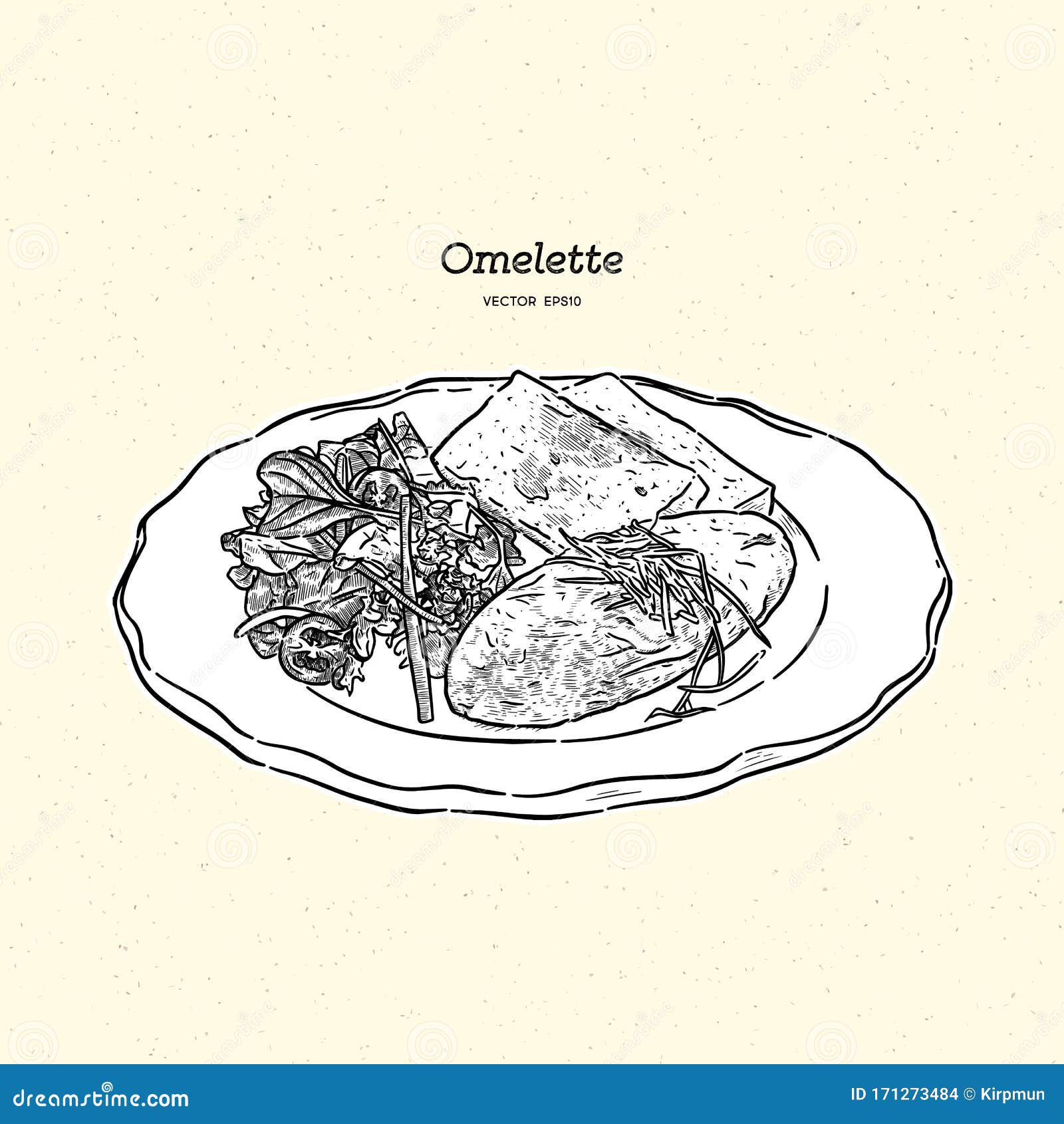 Omelette with Cheese , Salad and Toasts. Breakfast, Hand Draw Sketch ...