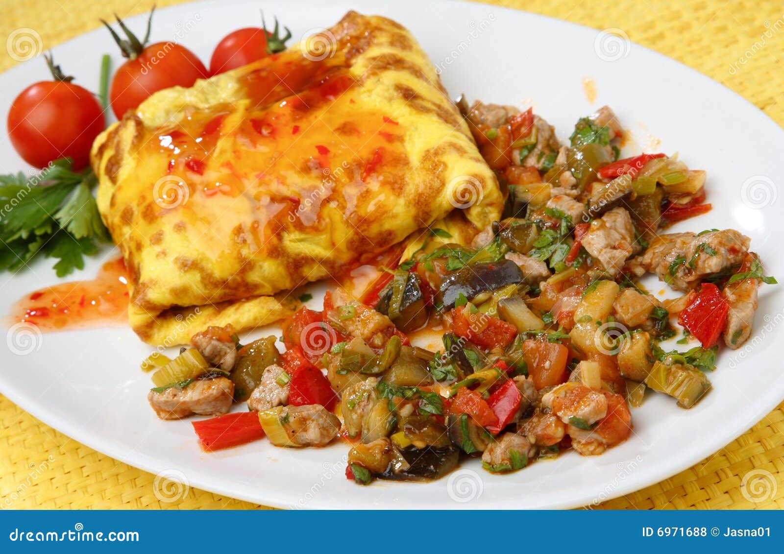 Omelette Filled with Meat and Vegetable Stock Photo - Image of green ...