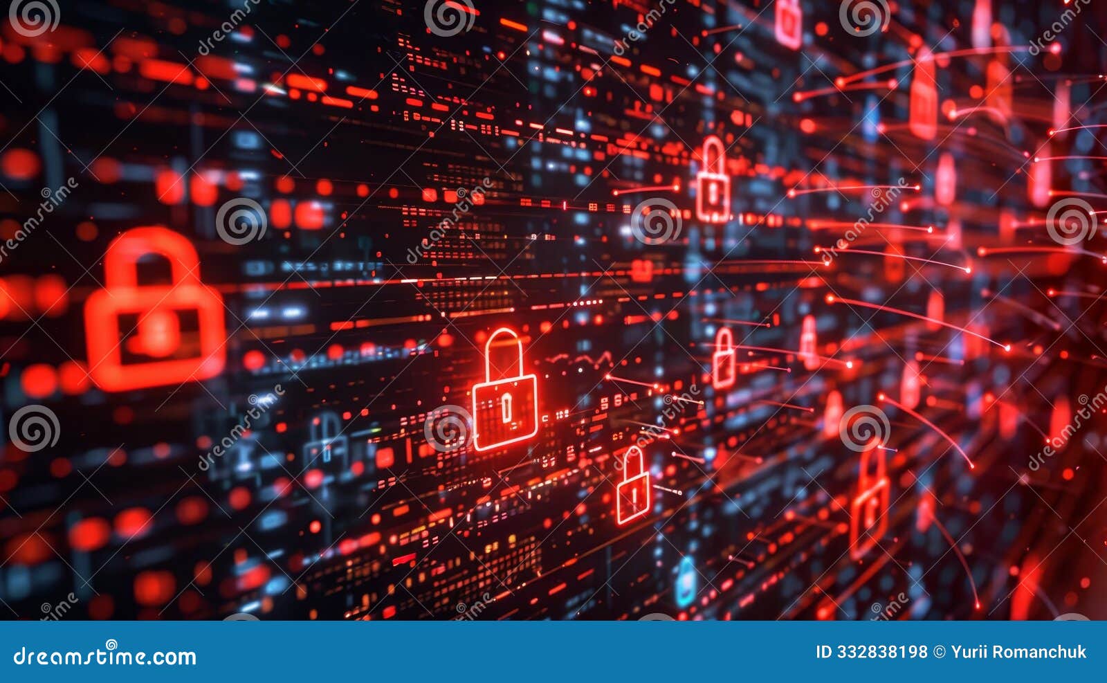 Ominous Red Data Breach Symbols Flash on a Virtual Screen with Code on ...