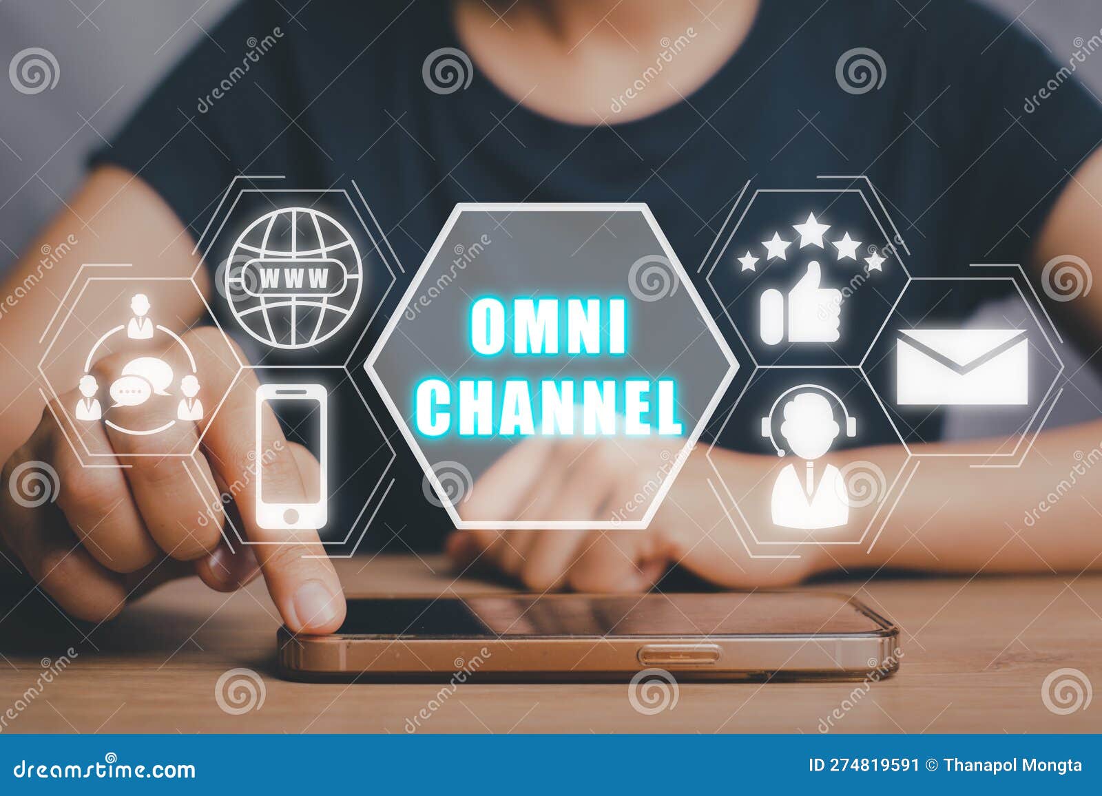 Person Using Smart Phone on Desk with Omni Channel Icon on Virtual ...